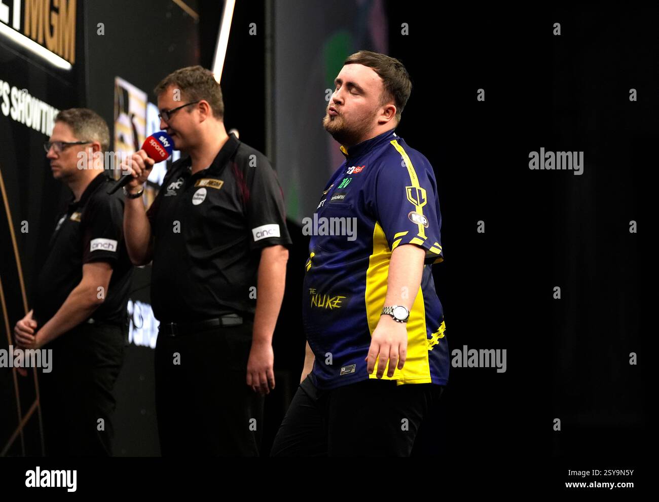 Luke Littler reacts during night four of the BetMGM Premier League at ...