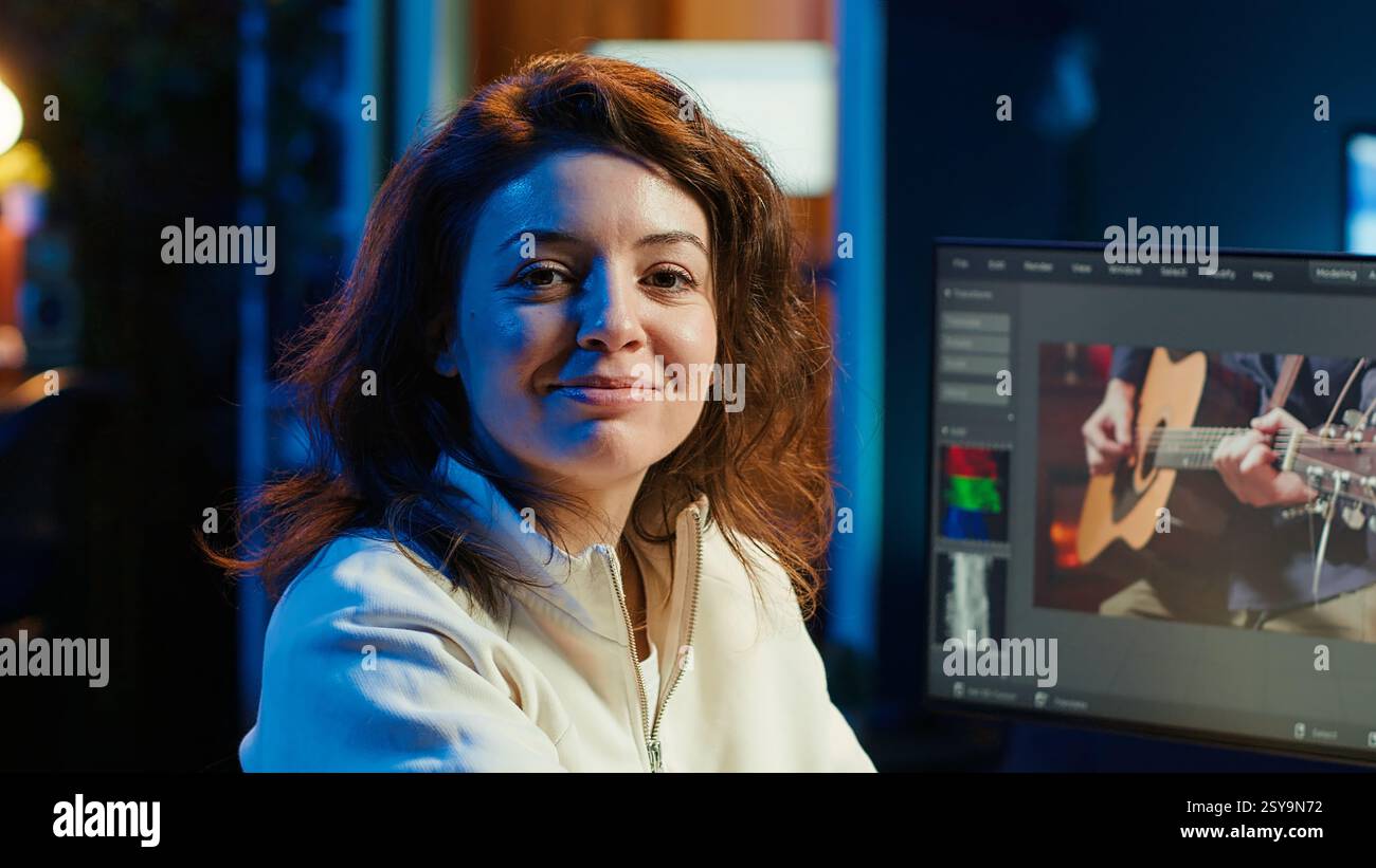 Portrait of professional video editor editing color grading and ...