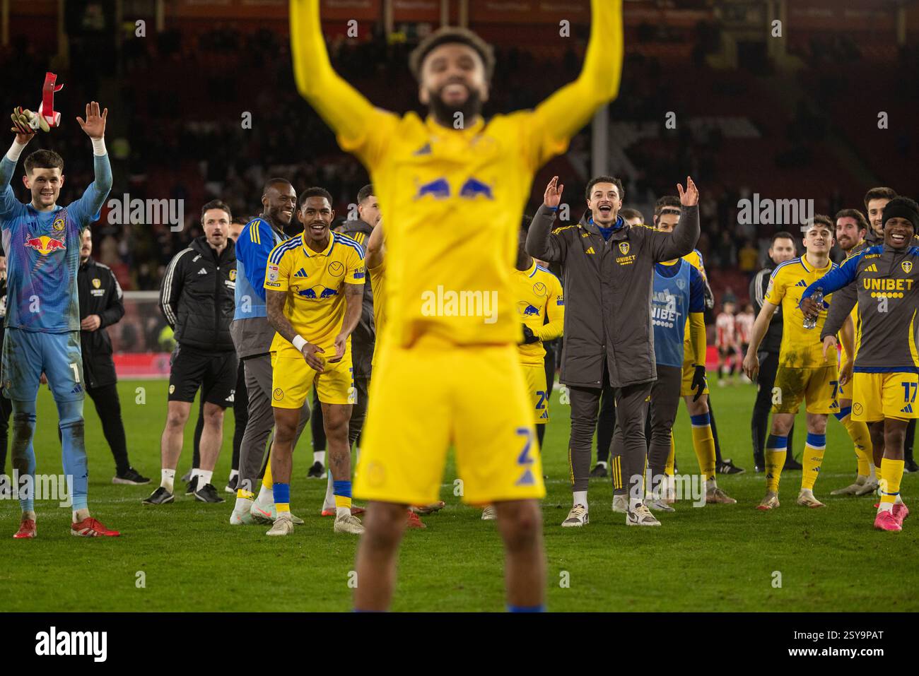 Jayden Bogle (Leeds United) and his teammates celebrate with the away ...
