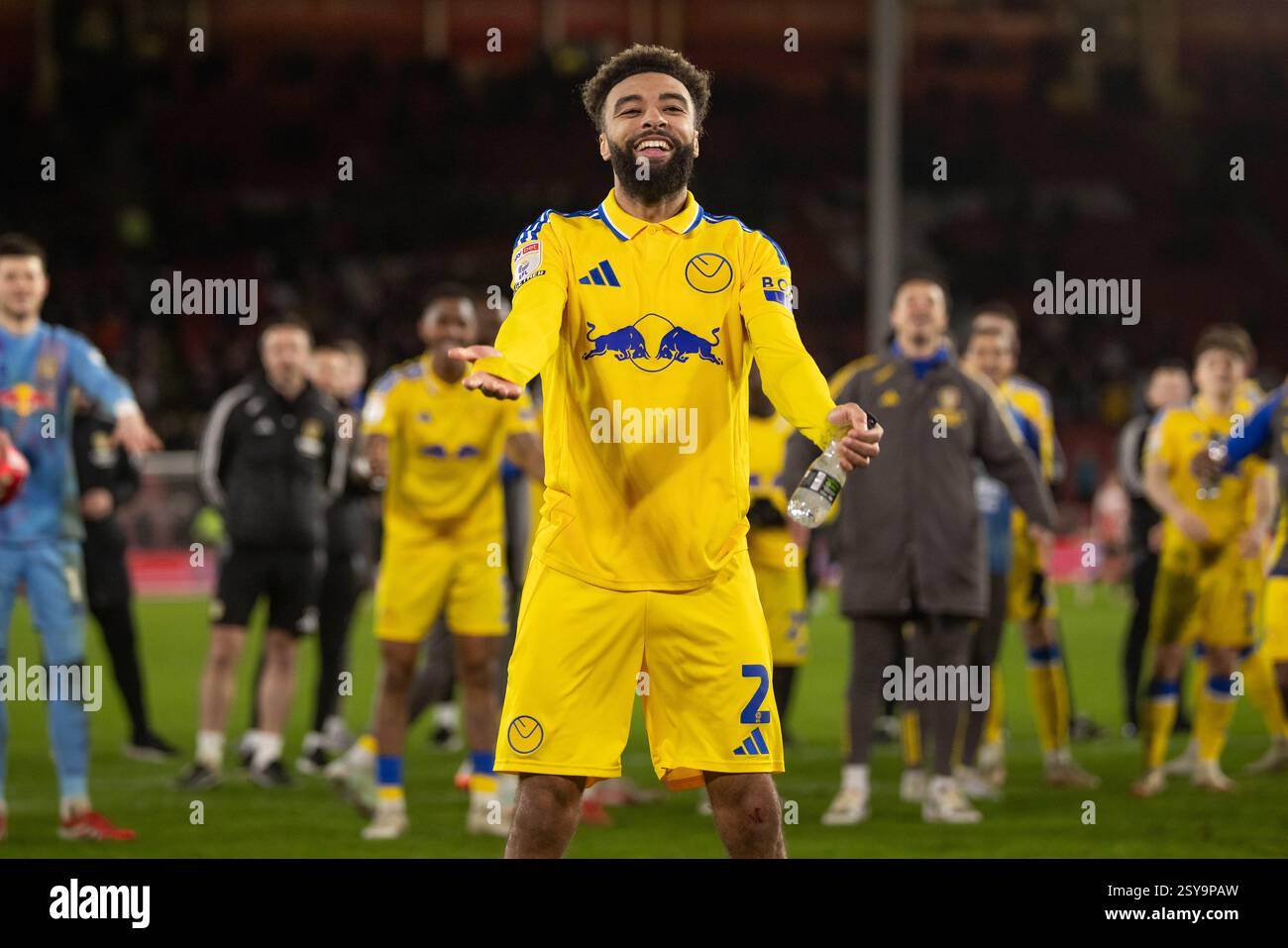 Jayden Bogle (Leeds United) celebrates with the away fans after the Sky ...