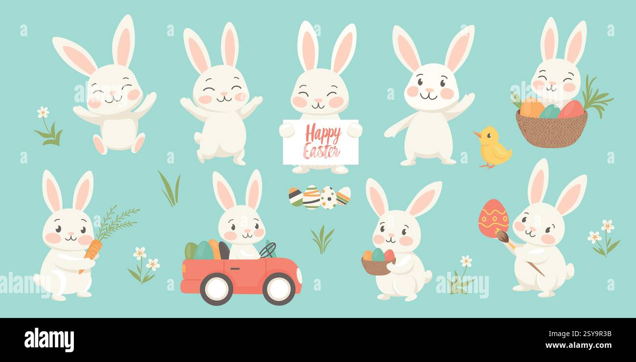 Cute Easter Bunny Vector Set, Rabbits Holding Eggs, Driving a Car ...