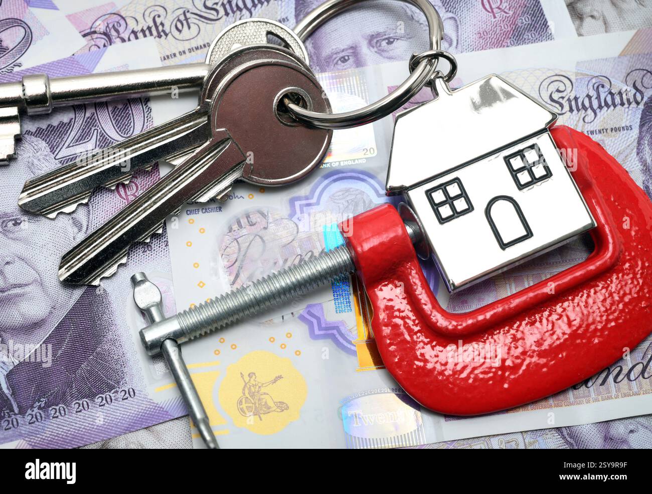 HOUSE KEYFOB IN CLAMP WITH HOUSE KEYS AND BRITISH BANKNOTES RE ...