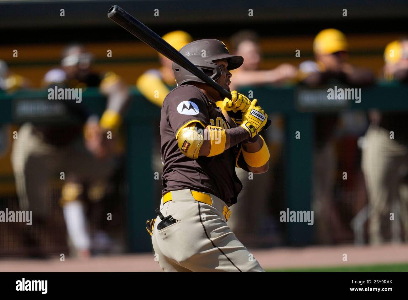 San Diego Padres' Luis Arraez hits against the Athletics during a ...