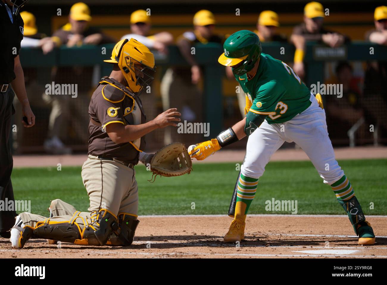 Athletics hitter Shea Langeliers hands the baseball back to San Diego ...