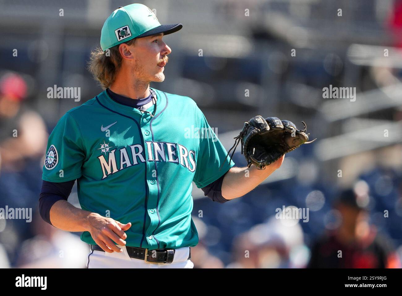 Seattle Mariners starting pitcher Bryce Miller reacts during the first ...