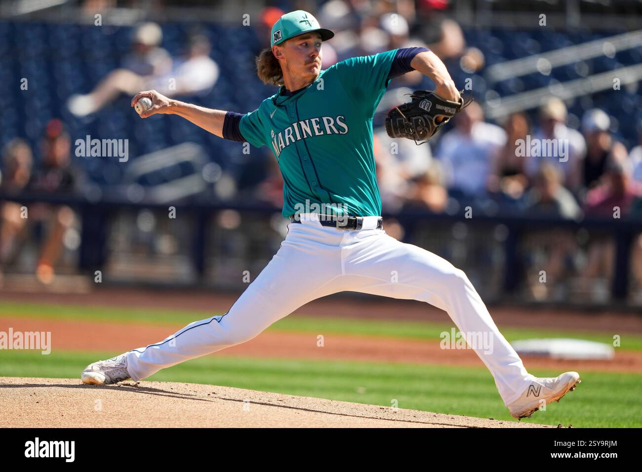 Seattle Mariners starting pitcher Bryce Miller throws against the San ...