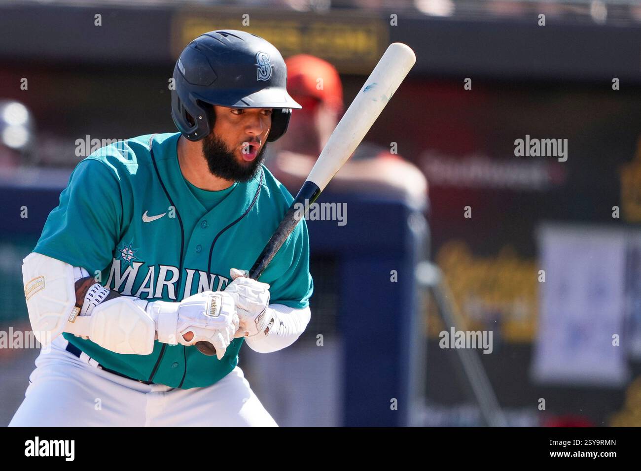 Seattle Mariners' Carlos Jimenez reacts to being called out on strikes against the San Francisco ...