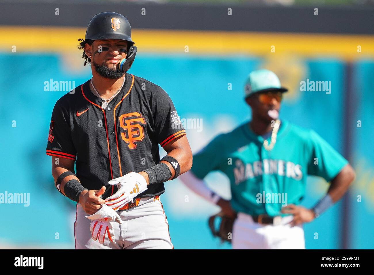 San Francisco Giants' Luis Matos stands on second base after hitting a ...