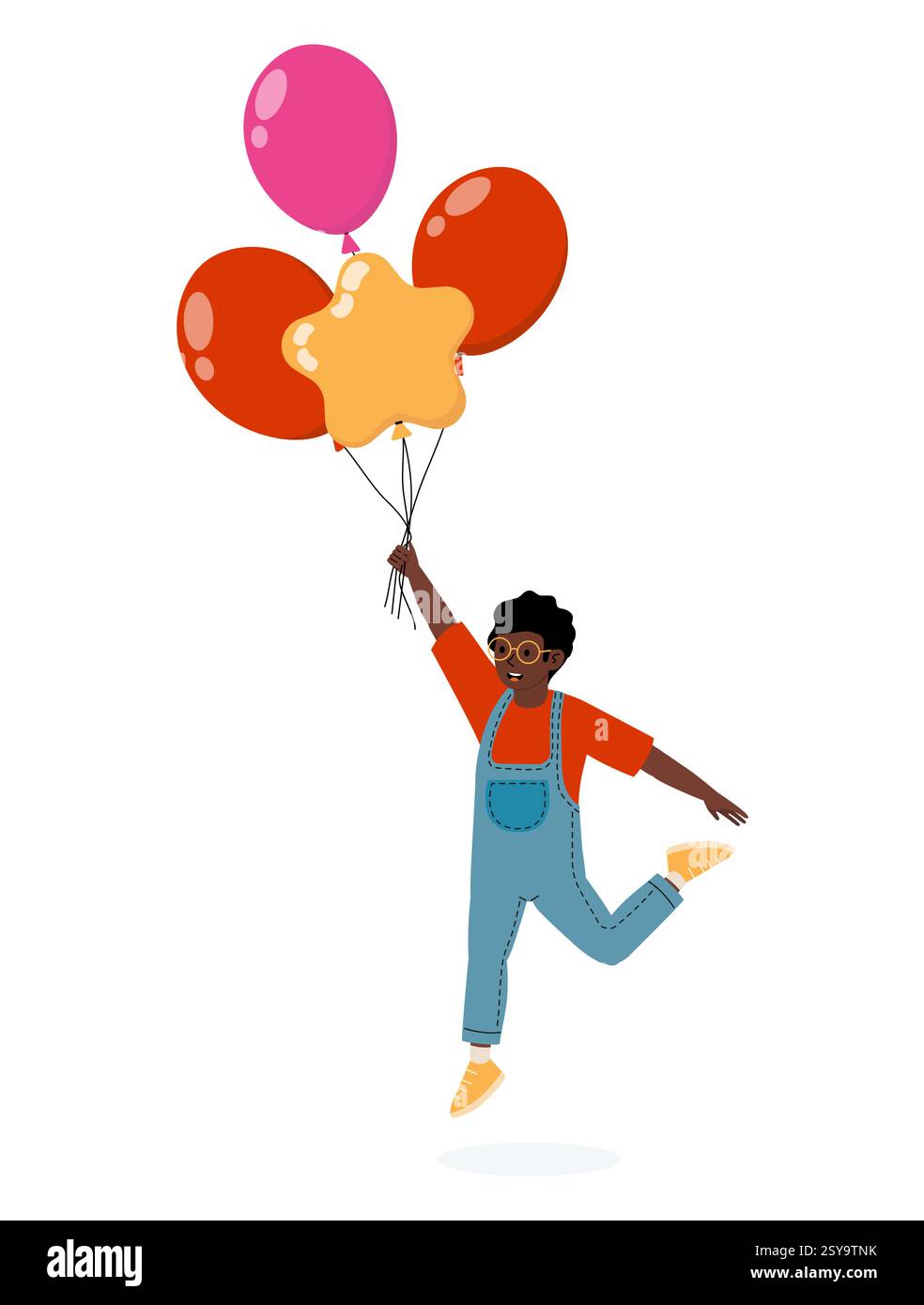 Child joyfully holding colorful balloons while balancing on one foot ...