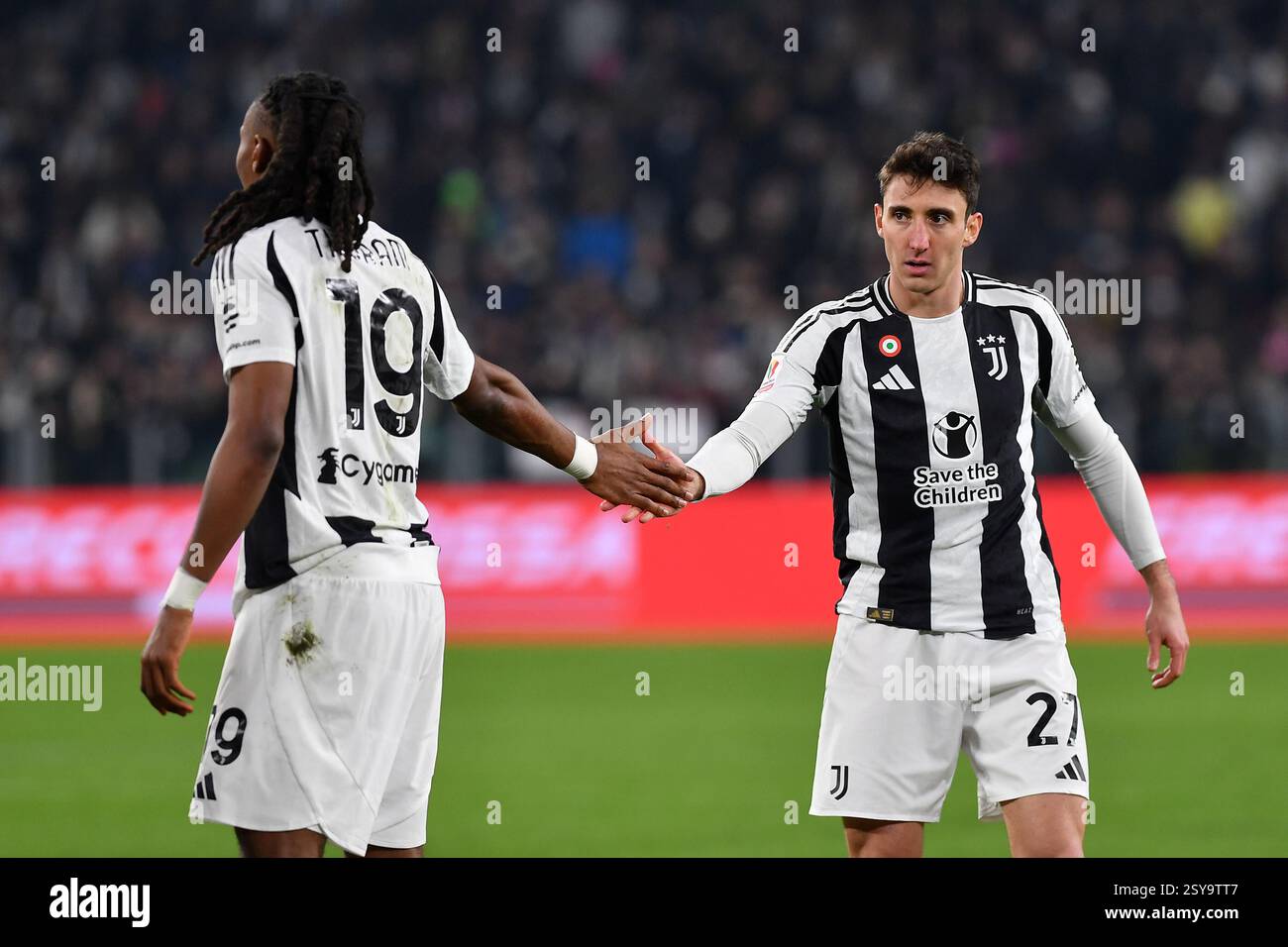 Turin, Italy. 26th Feb, 2025. Khephren Thuram of Juventus FC and Andrea Cambiaso of Juventus FC ...
