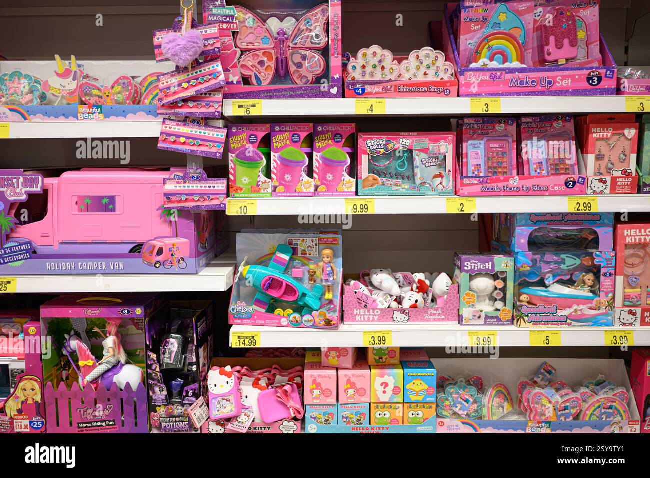 Pink girl toys on shelves inside a B and M – Wales, UK – 18 February ...