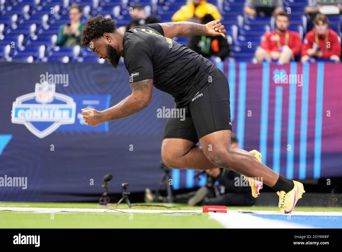 SMU defensive lineman Jared Harrison-Hunte runs a drill at the NFL ...