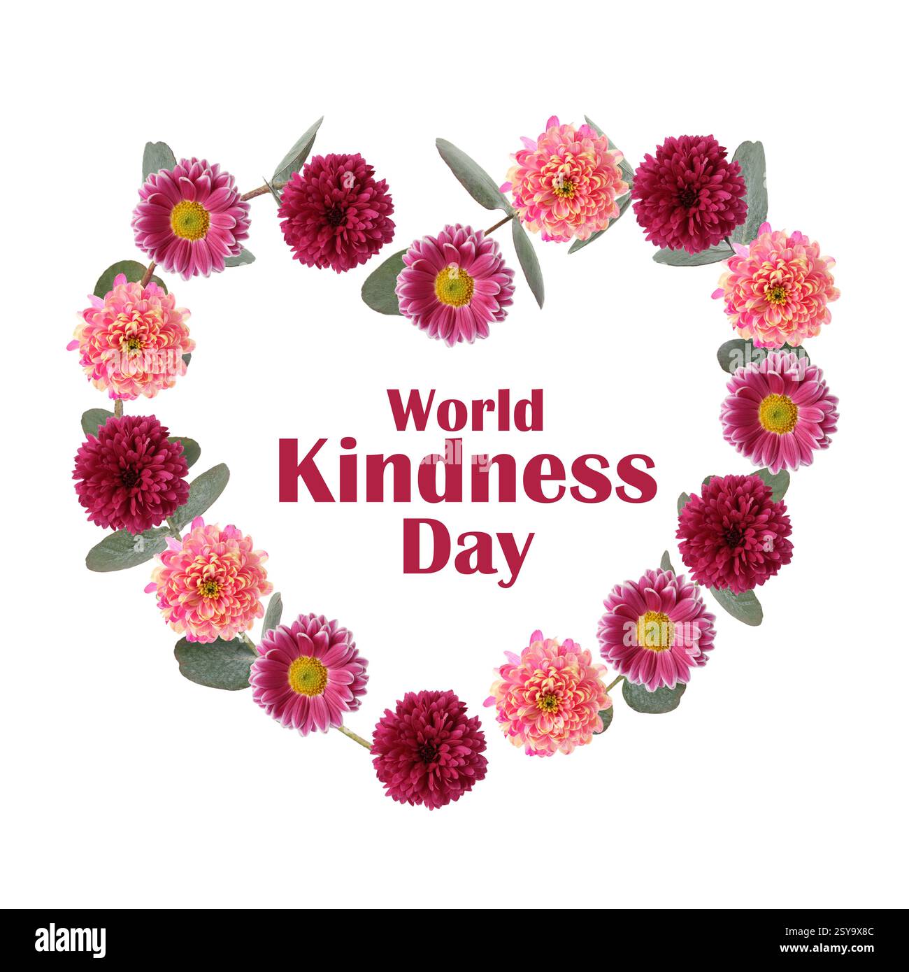 World Kindness Day. Heart-shaped frame of beautiful flowers on white ...