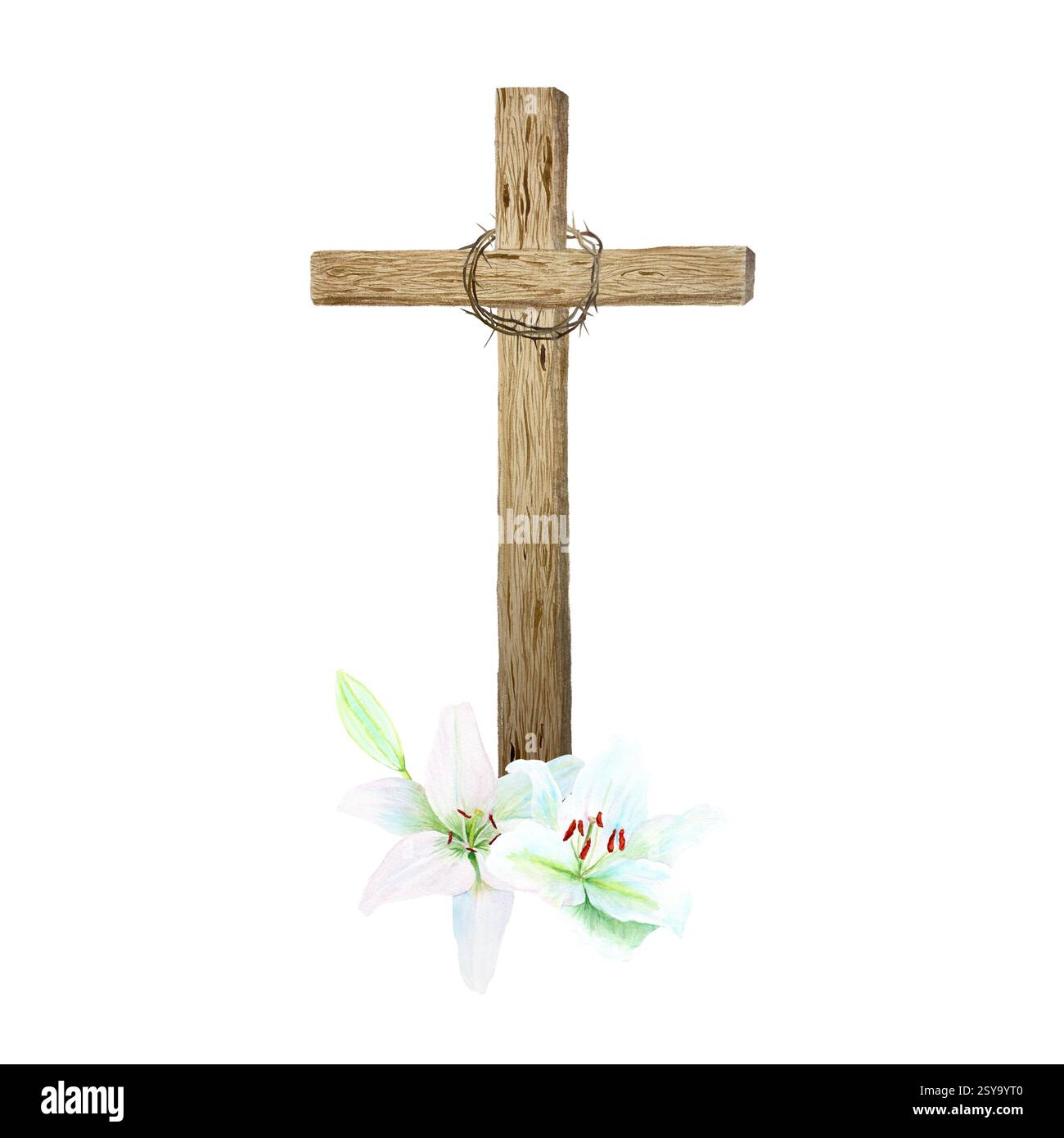 Wooden cross, crown of thorns and lilies watercolor composition isolated on white. Illustration ...