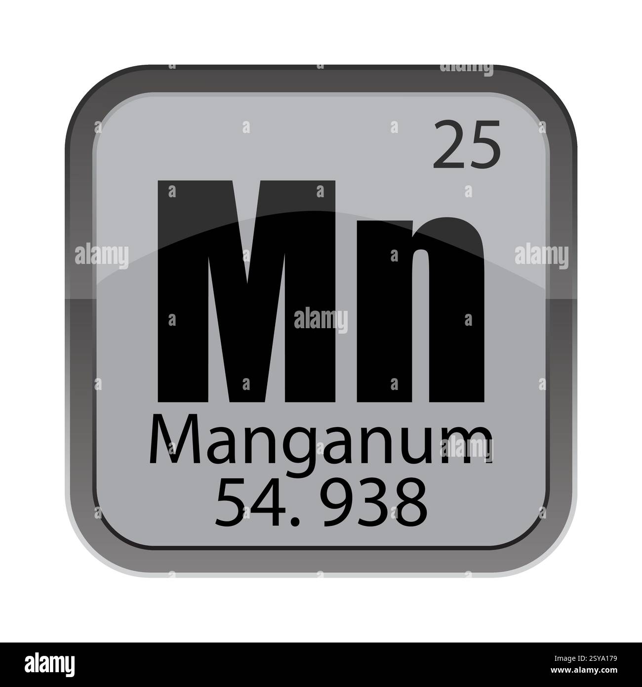 Mn Manganum element. Atomic 25 twenty five. Mass 54.938 spelled. Grey ...