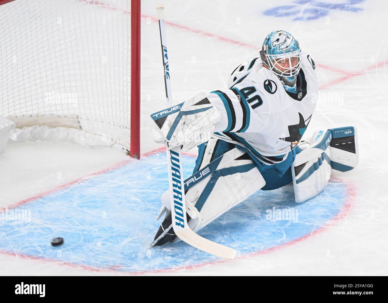 San Jose Sharks goaltender Alexandar Georgiev is scored on by Montreal ...