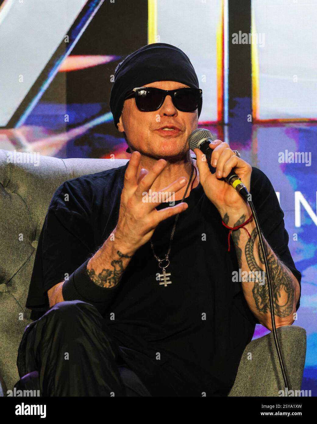 Ian Astbury of British hard rock band The Cult speaks at a press ...