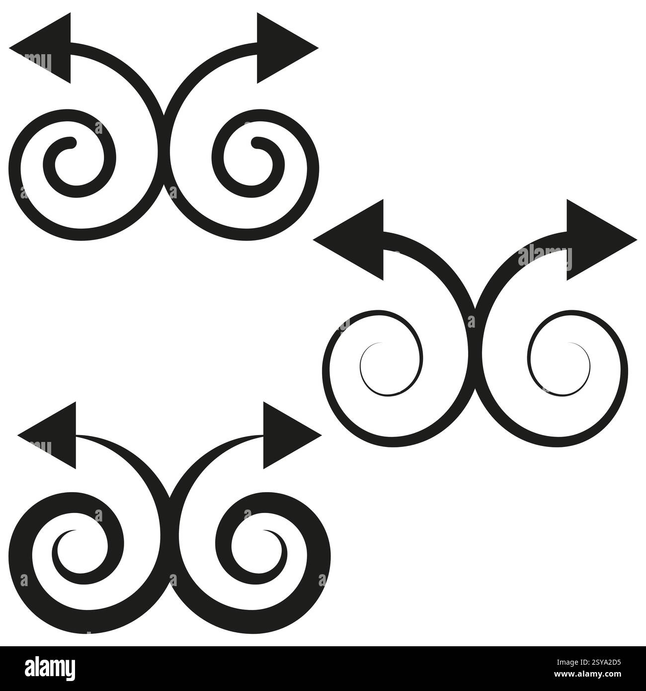 Swirl arrow symbol. Decorative curved arrows. Black spiral design ...