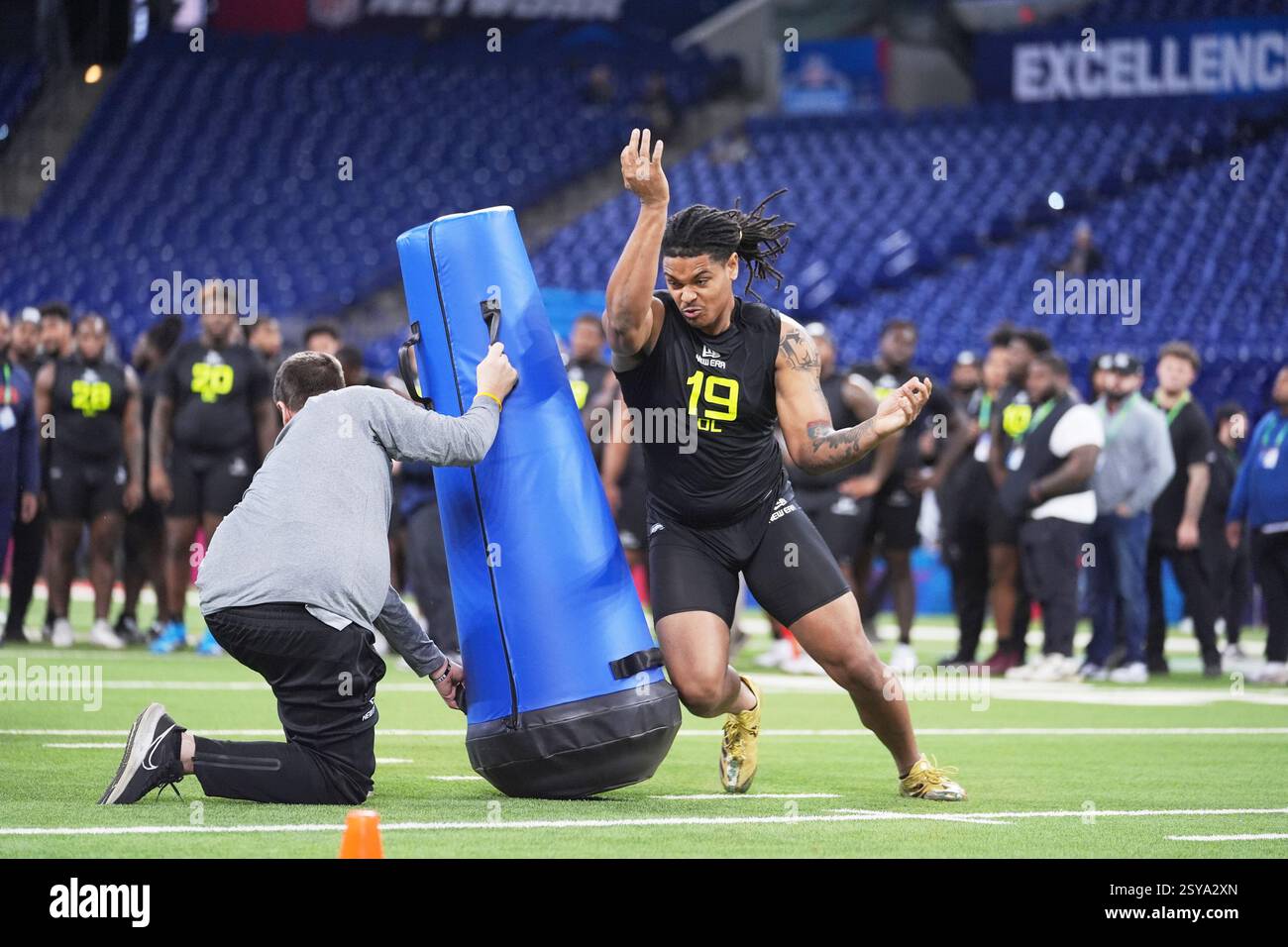 Georgia defensive lineman Tyrion Ingram-Dawkins runs a drill at the NFL ...