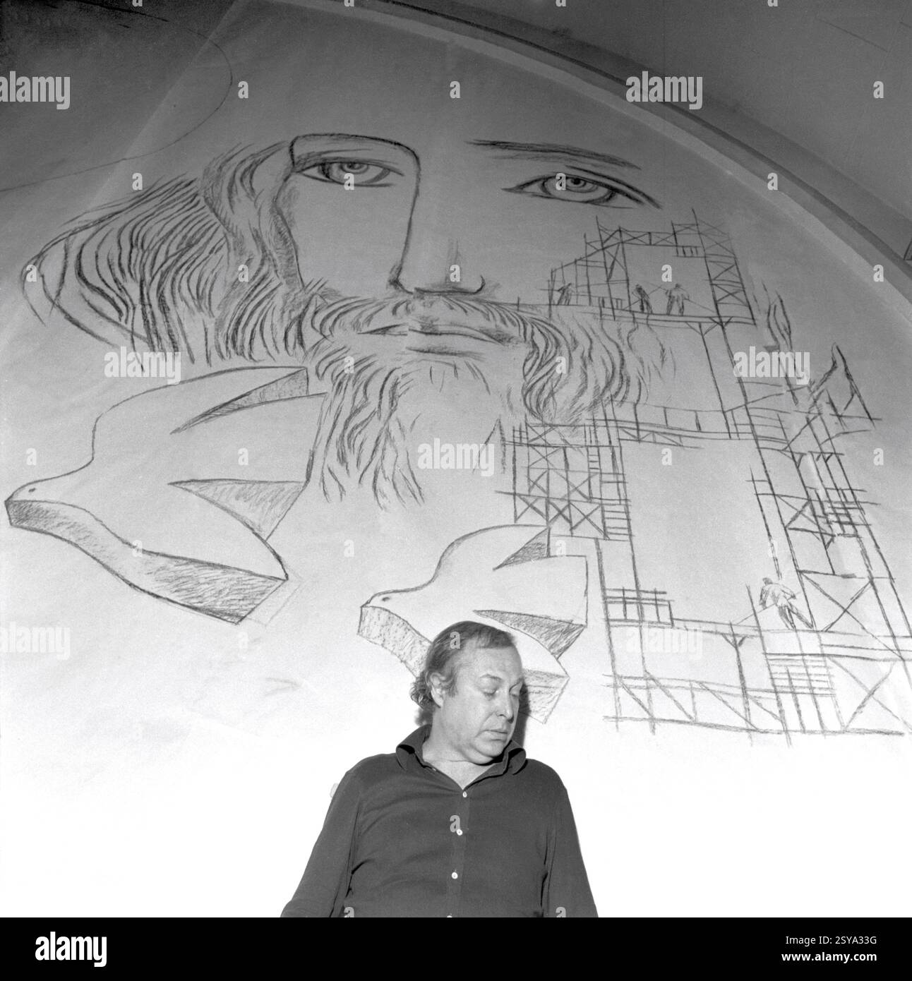 Romanian artist Mihu Vulcanescu (1937- 1994) working on a mural inside ...