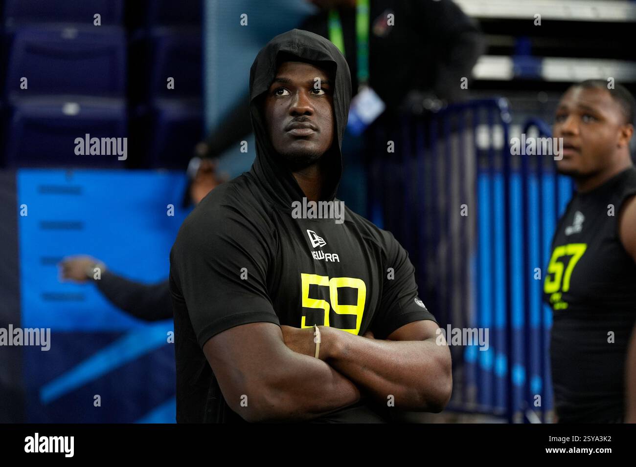 Tennessee defensive lineman James Pearce Jr. waits at the NFL football ...