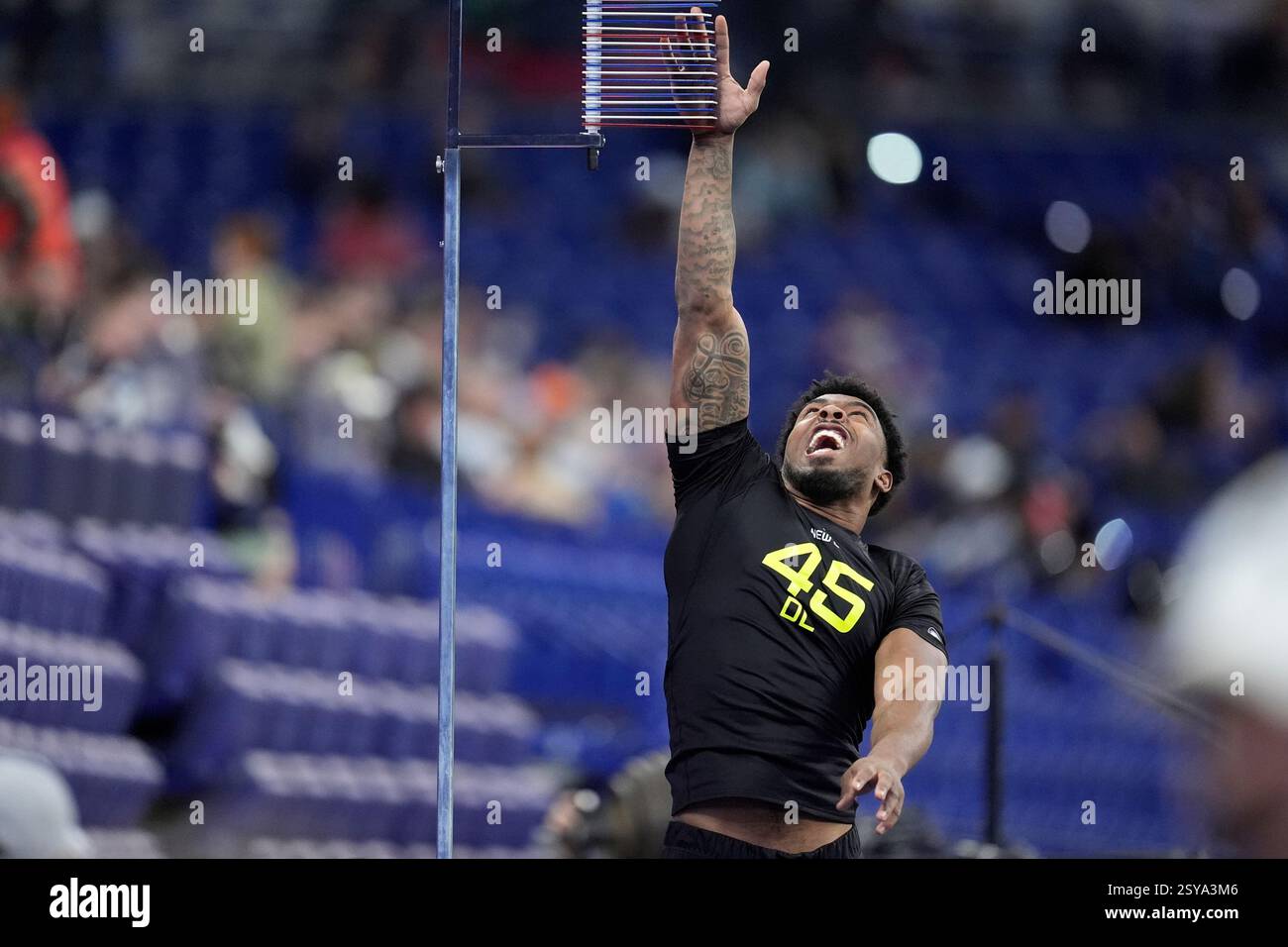 Syracuse defensive lineman Fadil Diggs participates in vertical jump at ...