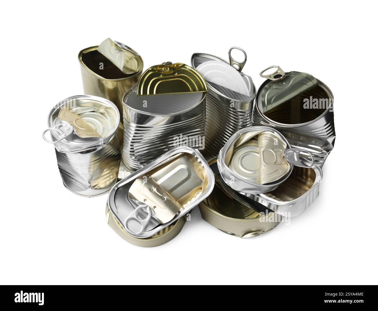 Many crumpled tin cans isolated on white Stock Photo - Alamy