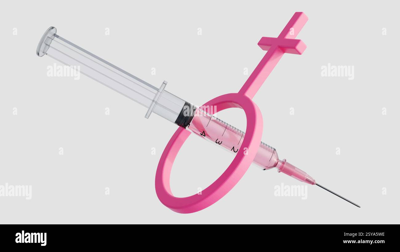 a 3d rendering of prominent pink female gender symbol and a syringe ...