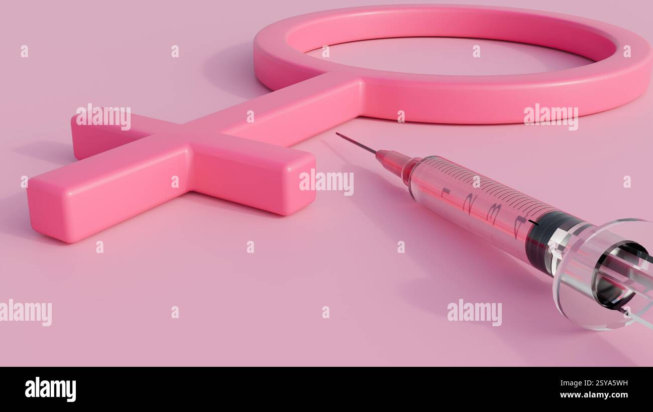 a 3d rendering of prominent pink female gender symbol and a syringe ...