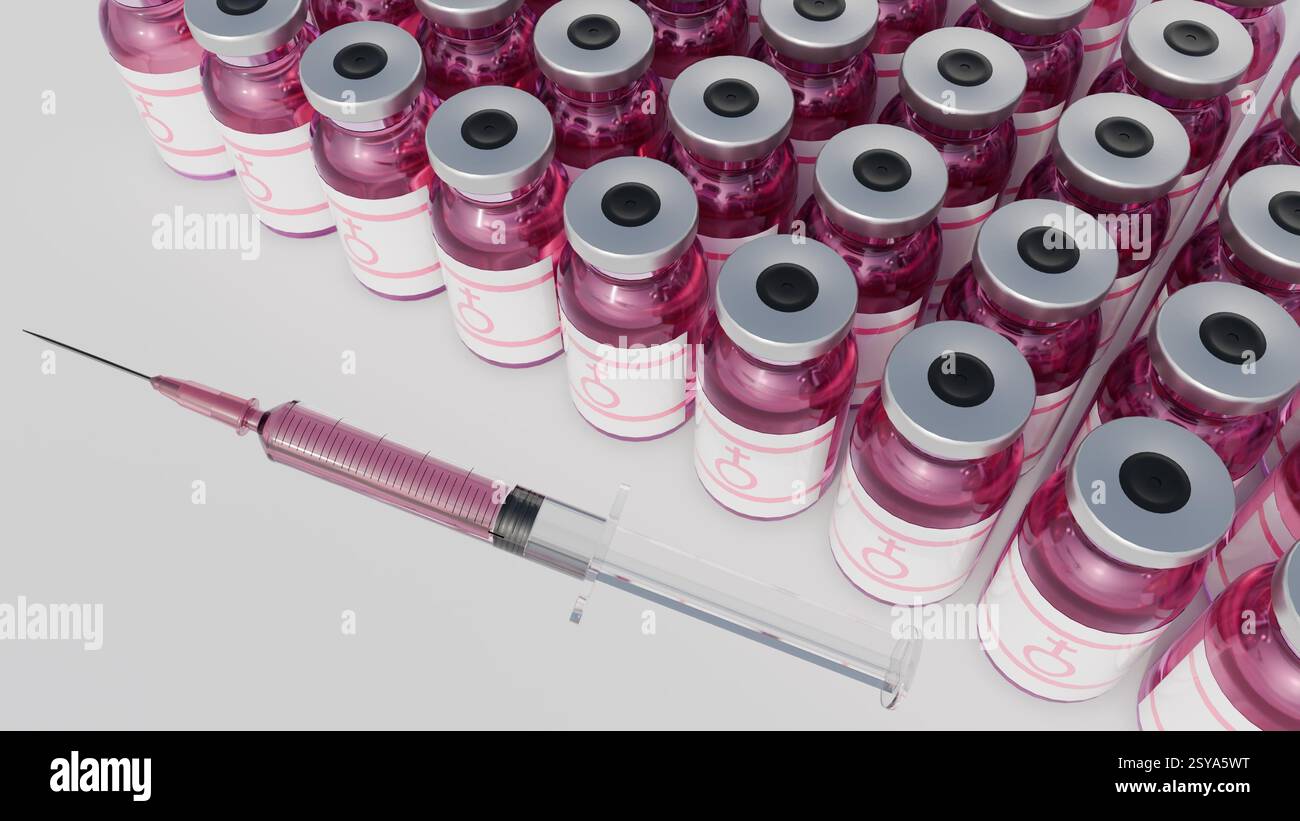 A 3d rendering of vial and syringes, all containing a pink liquid. The ...
