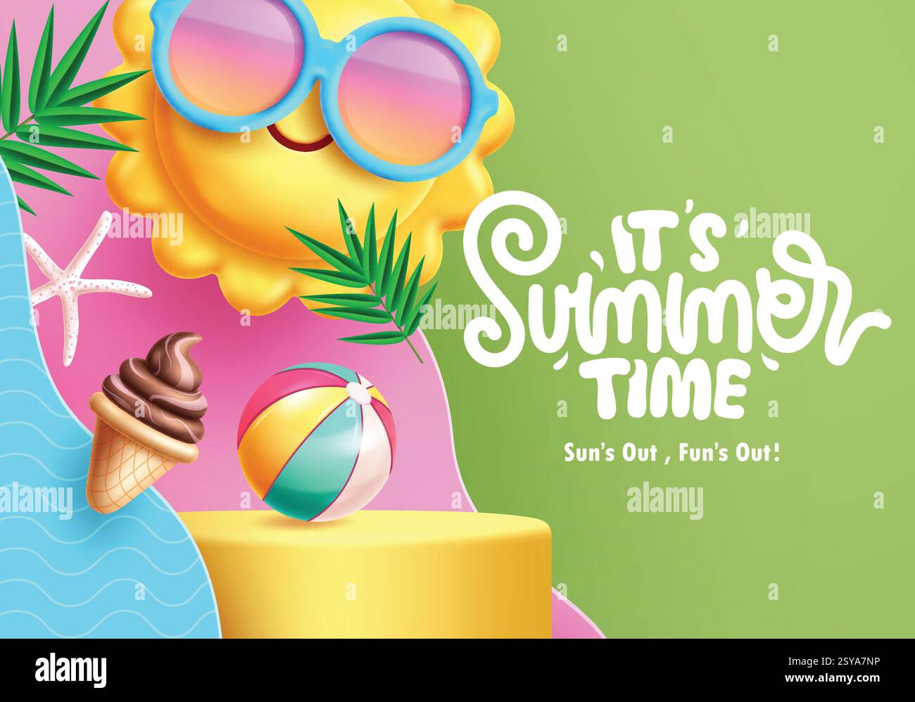 Summer time podium clipart poster design. Summer time greeting text clip art with sun character ...