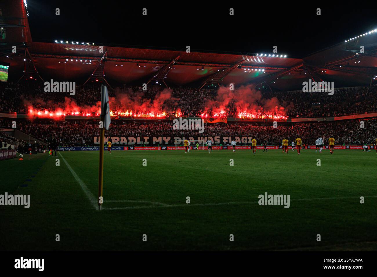 Legia fans seen burning flags during Puchar Polski game between teams ...