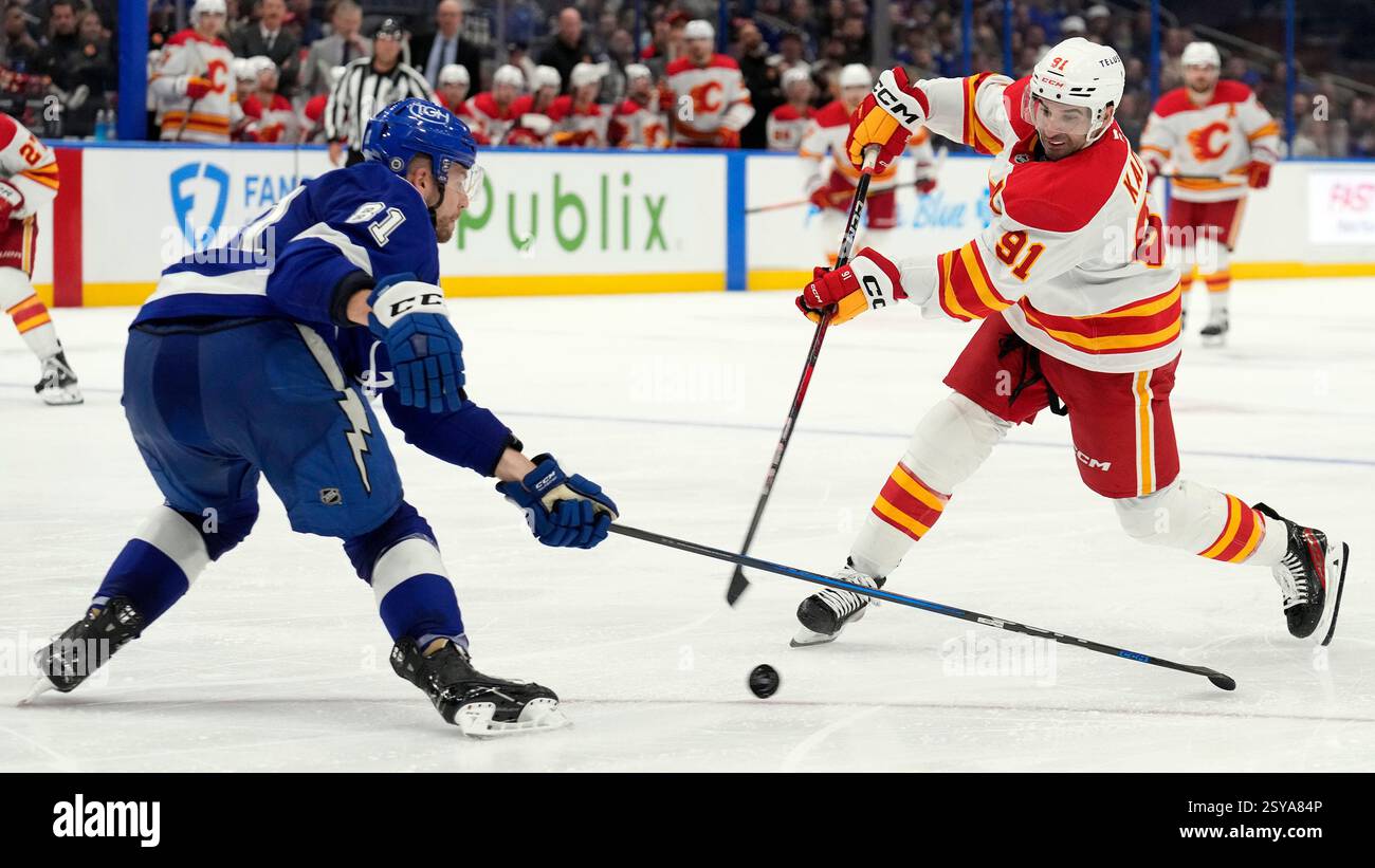 Calgary Flames center Nazem Kadri (91) takes a shot against Tampa Bay ...