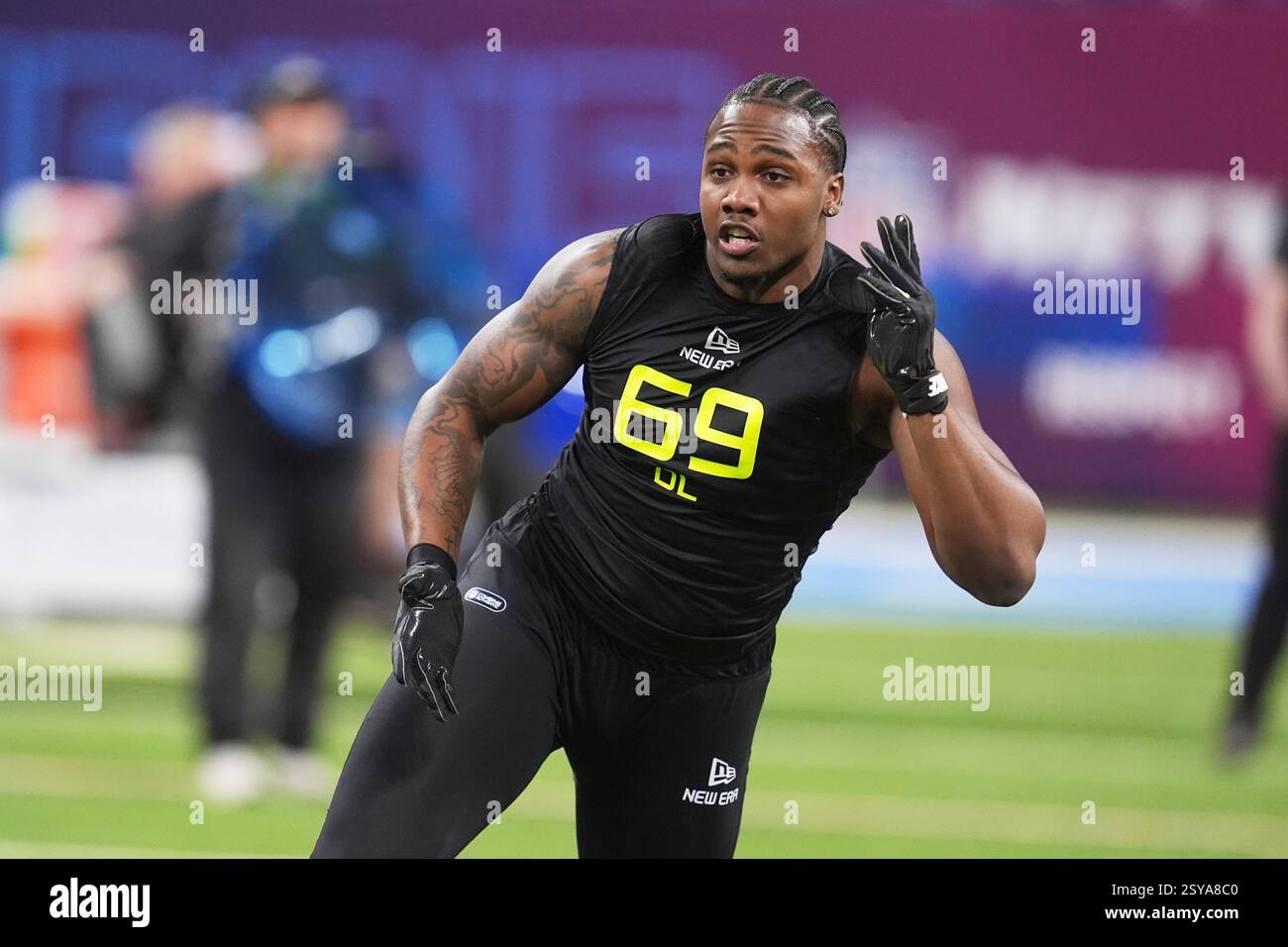 LSU defensive lineman Bradyn Swinson runs a drill at the NFL football ...