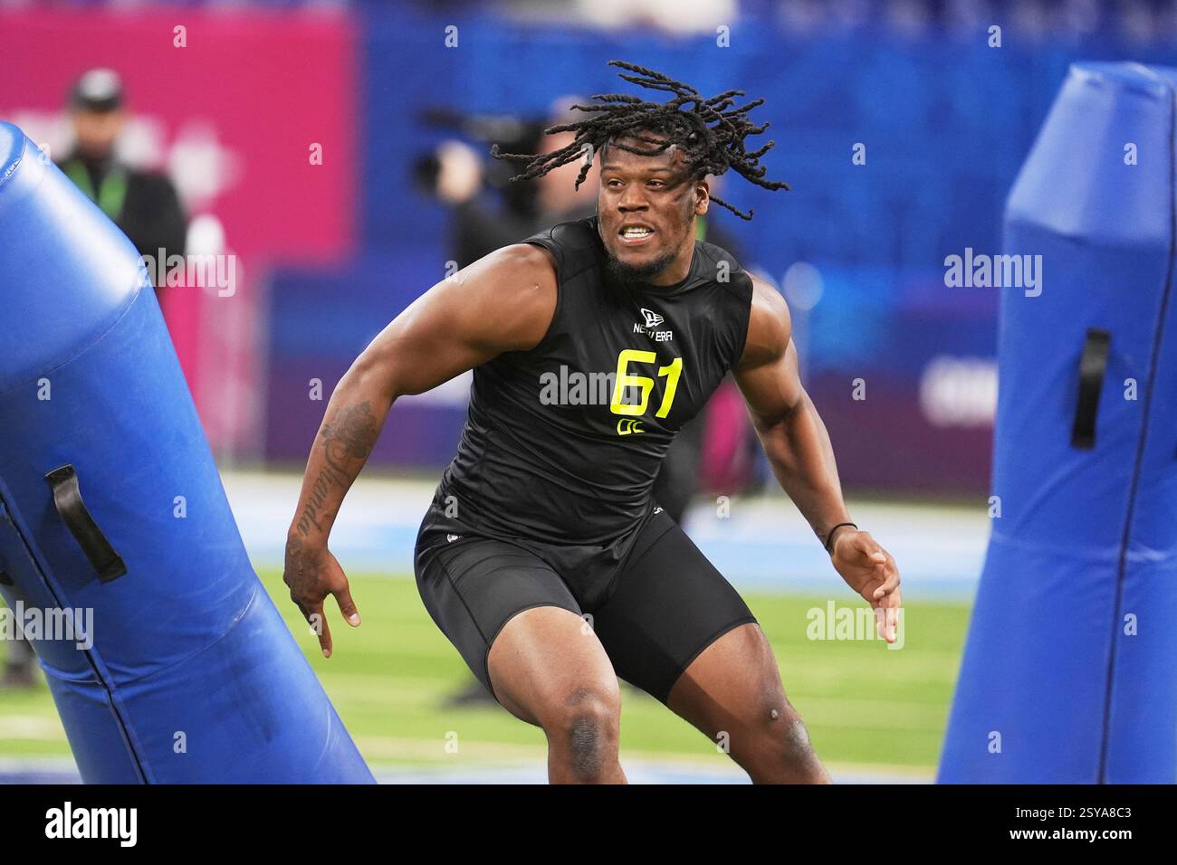 SMU defensive lineman Elijah Roberts runs a drill at the NFL football ...