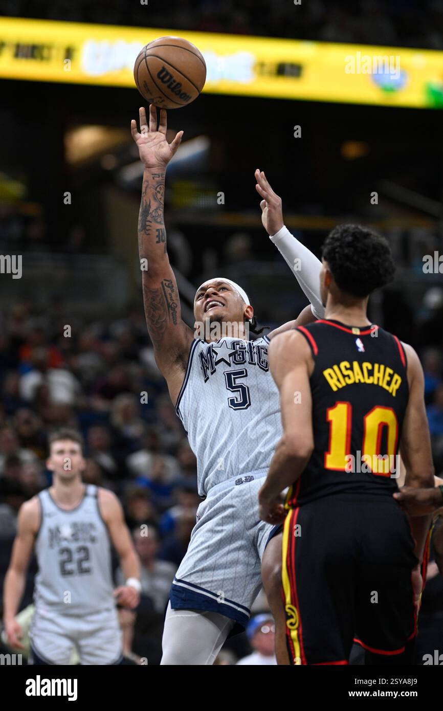 Orlando Magic guard Cole Anthony (50) shoots in front of Atlanta Hawks ...