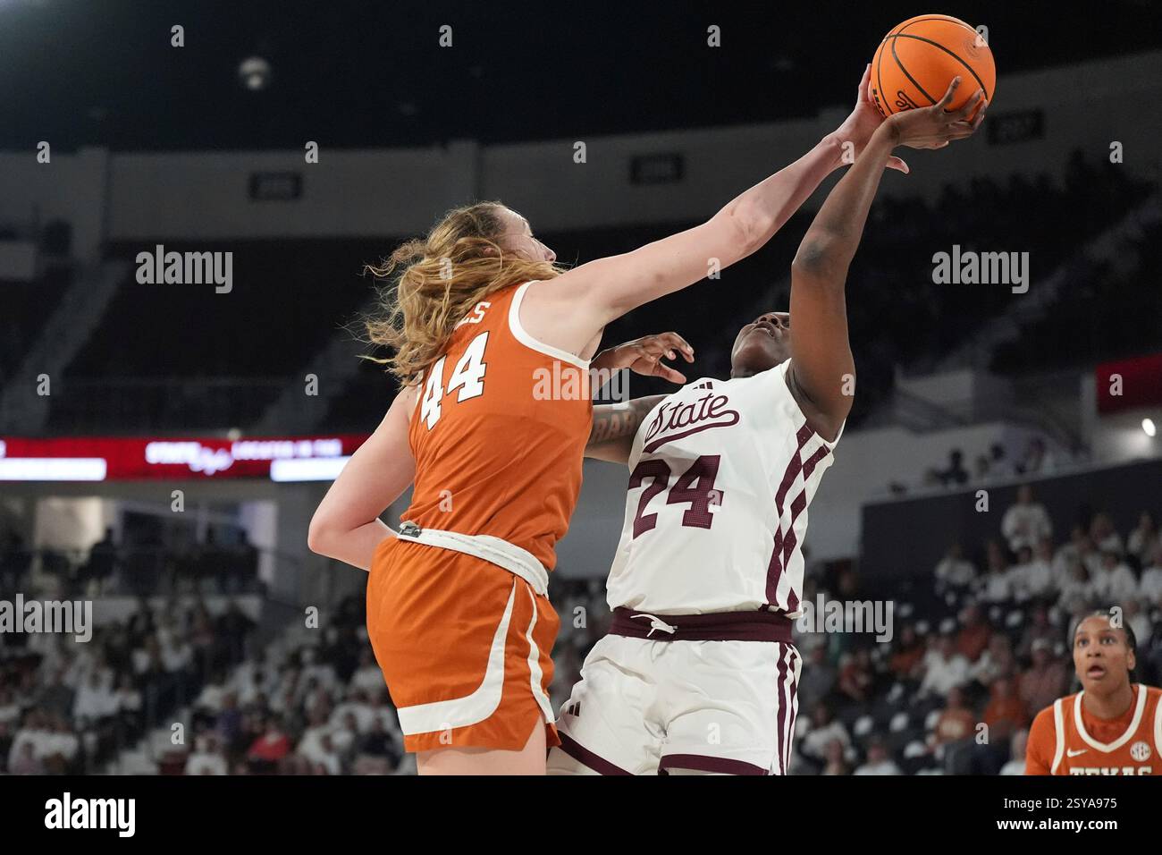Texas forward Taylor Jones (44) blocks a shot attempt by Mississippi ...