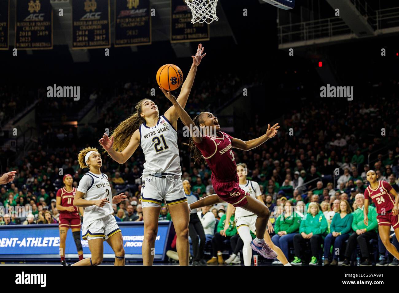 Florida State guard O'Mariah Gordon (3) shoots as Notre Dame forward Maddy Westbeld (21) defends ...