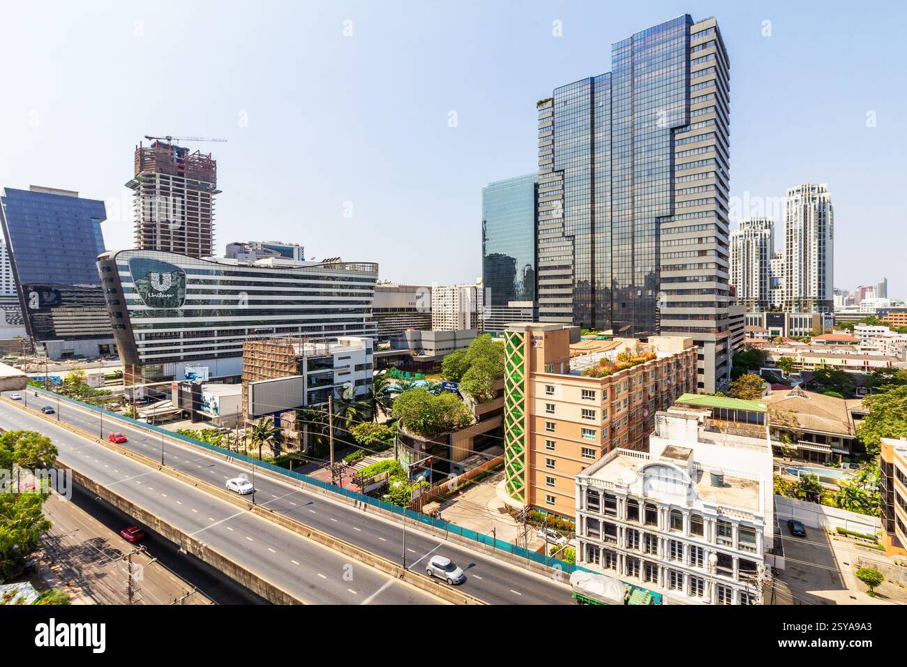 Urban cityscape in Bangkok, Thailand featuring a dense mix of buildings ...