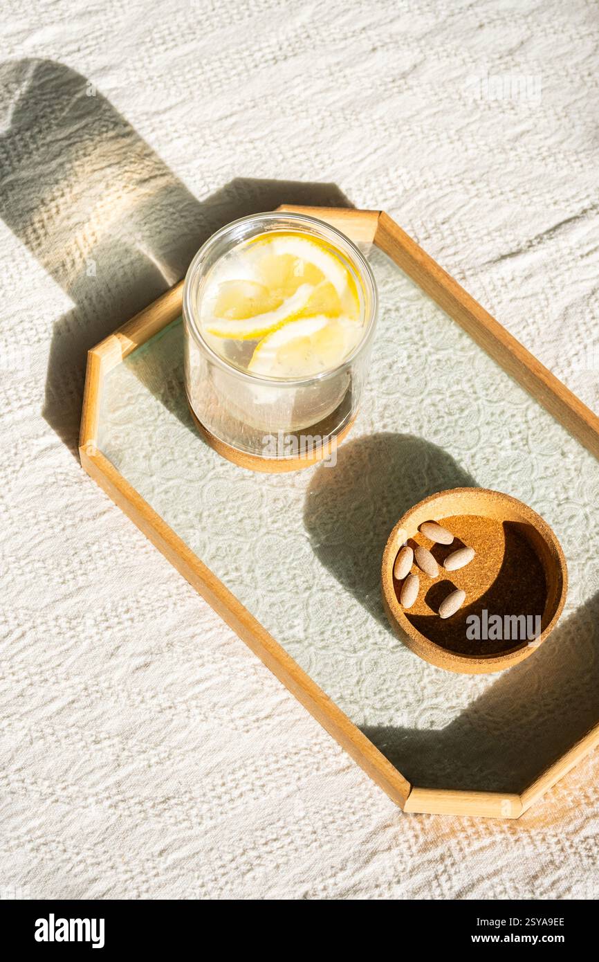 lemon water and nutritional supplement capsules for self care Stock ...