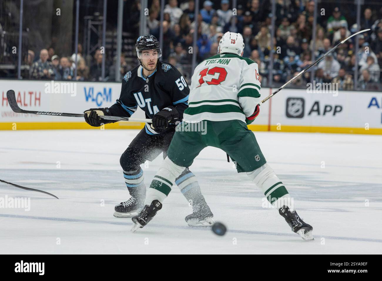 Utah Hockey Club defenseman Sean Durzi (50) passes the puck against ...