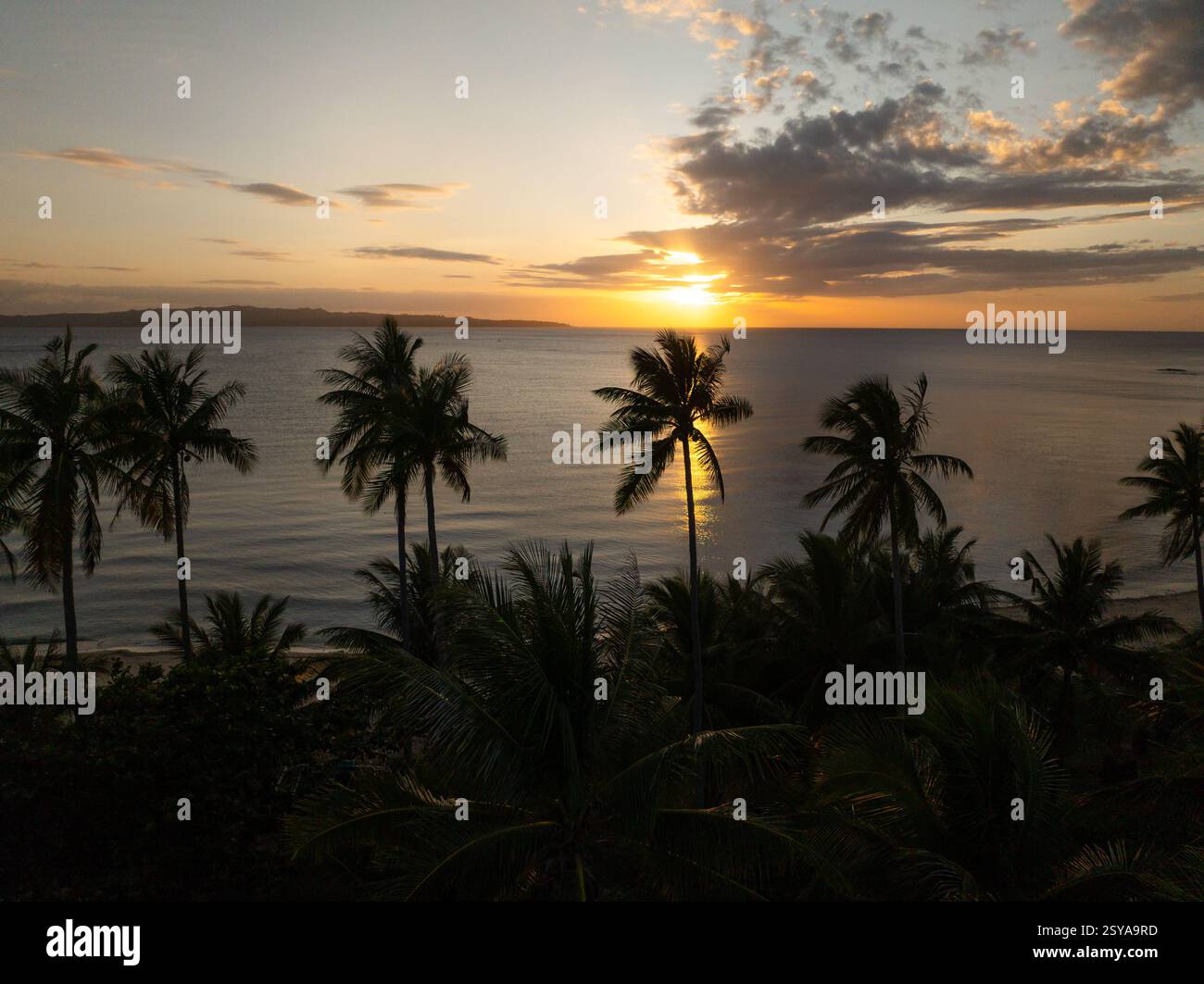 Tropical beach with coconut trees. Cloudy sunset over the sea in Santa ...