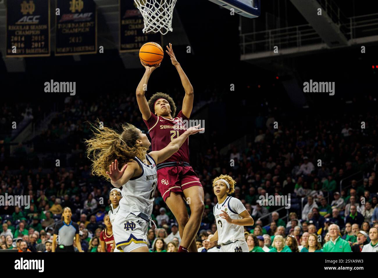 Florida State forward Makayla Timpson (21) shoots over Notre Dame forward Maddy Westbeld (21 ...