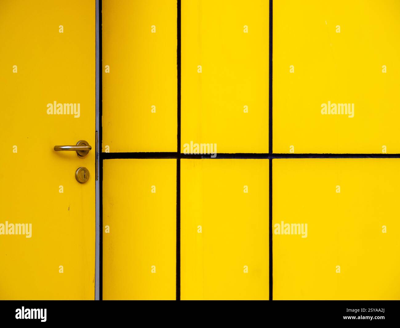 Yellow door with aluminium handles and key locks and yellow walls with ...