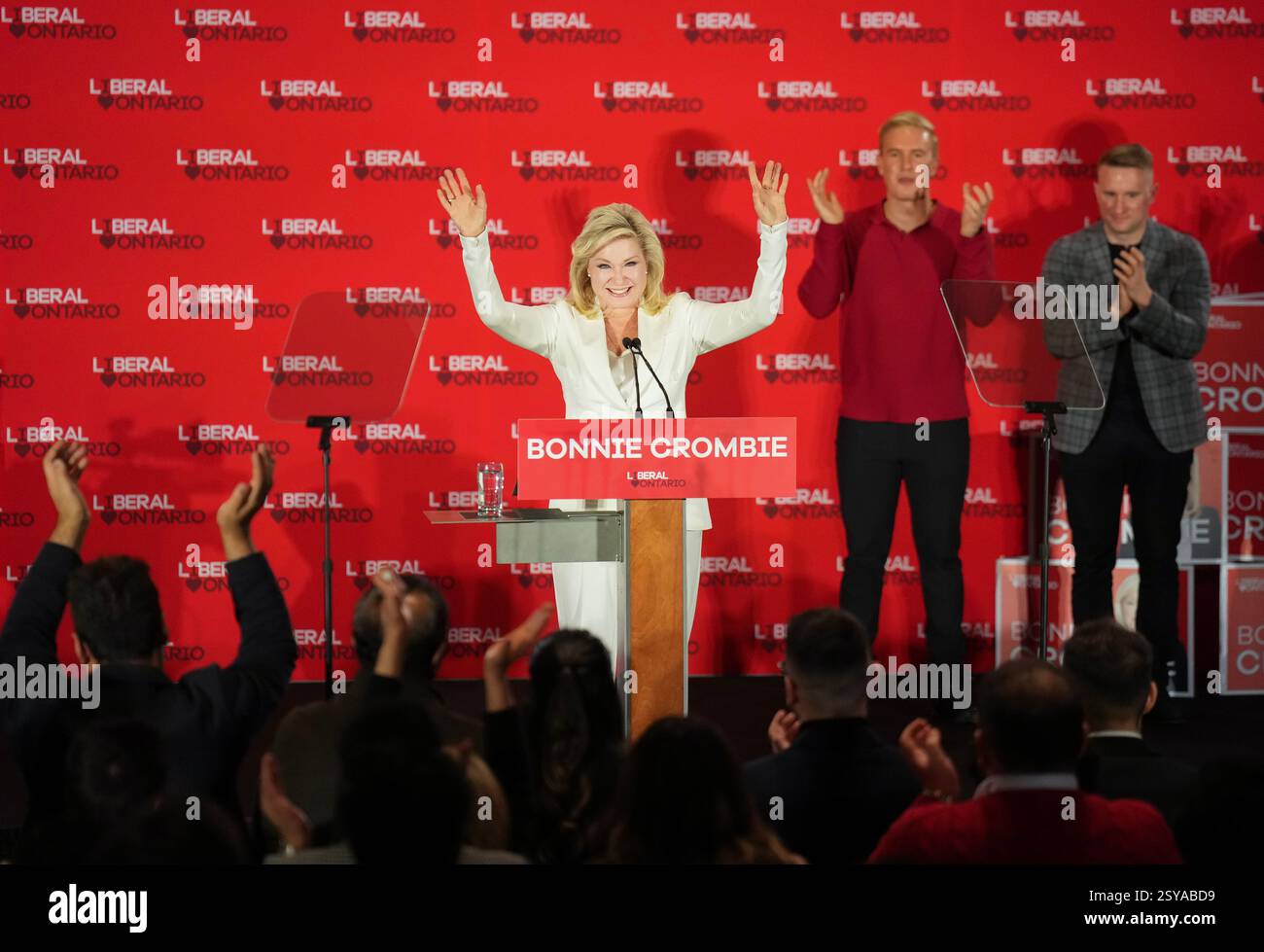Mississauga, Canada. 27th Feb, 2025. Ontario Liberal Leader Bonnie Crombie walks on stage at her ...