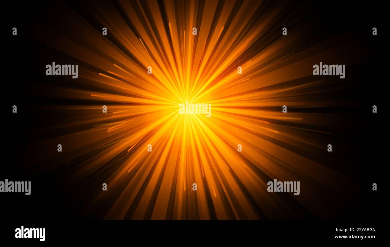 Golden beams of bright light shining on black background .Glow light effect. Star burst with ...