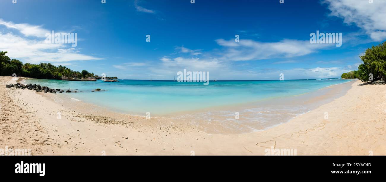 Tobago beach front panorama panoramic I love heart sign written on the ...