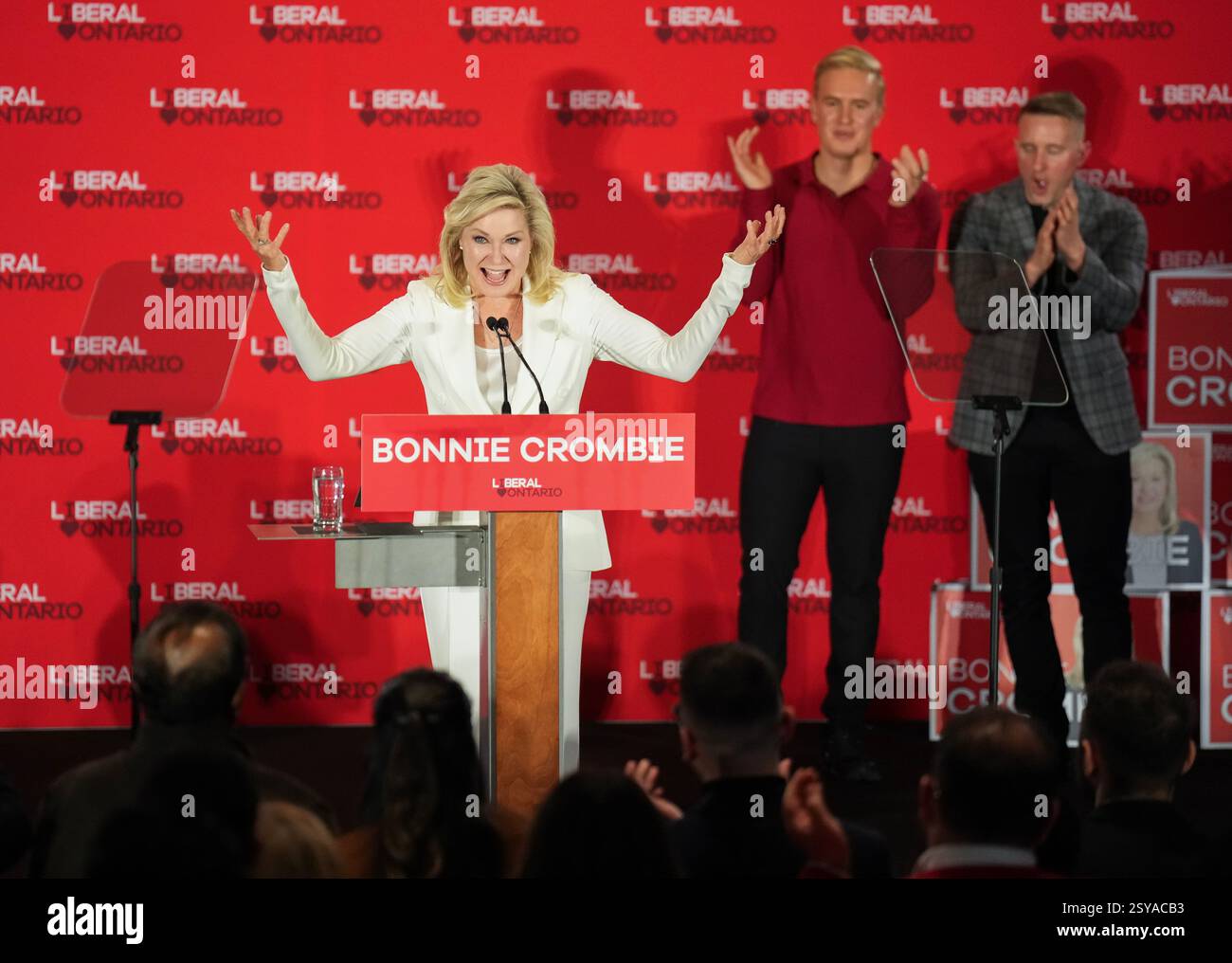 Mississauga, Canada. 27th Feb, 2025. Ontario Liberal Leader Bonnie Crombie speaks on stage at ...