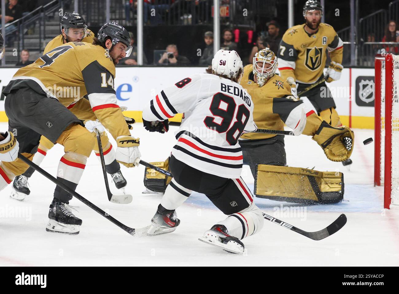 Chicago Blackhawks center Connor Bedard (98) misses a shot while ...