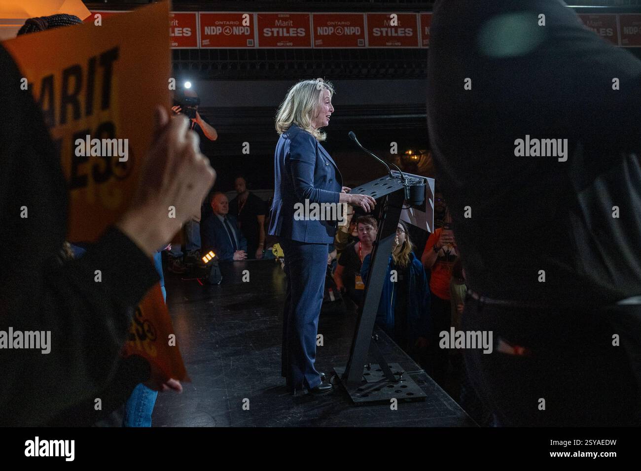 Ontario NDP Leader Marit Stiles delivers a speech at her election ...